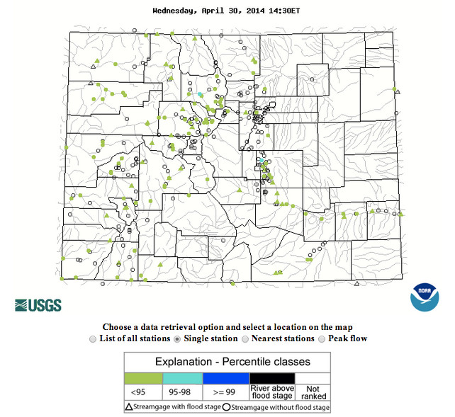 USGS: Map of flood and high flow condition (Colorado) – Coyote Gulch